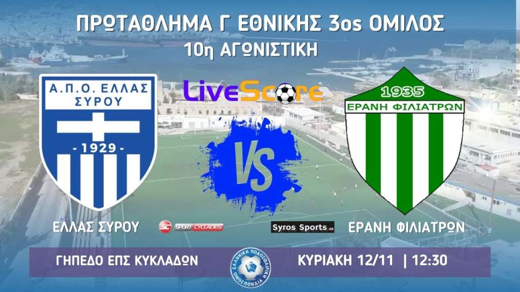 Ελλάς Σύρου - Εράνη Φιλιατρών: Live Score (12.30) - syros-sports.gr